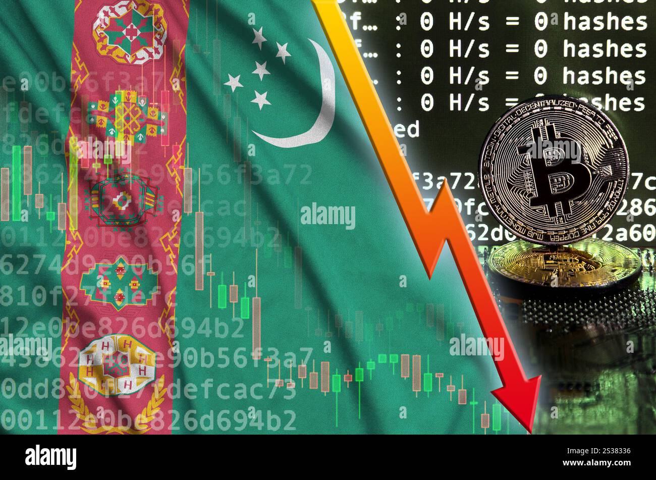 Turkmenistan flag and falling red arrow on bitcoin mining screen and two physical golden ...