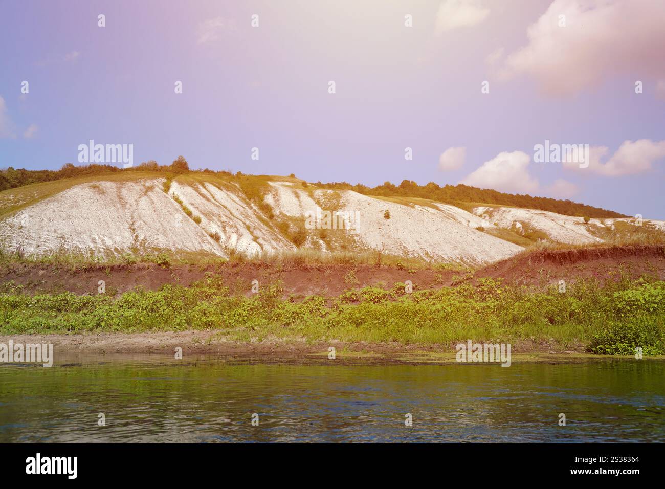 Ancient multimillion chalk mountains on the steppe surface of earth ...