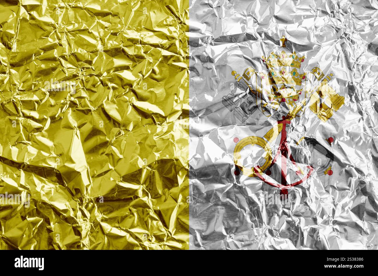 Vatican City State flag depicted in paint colors on shiny crumpled ...