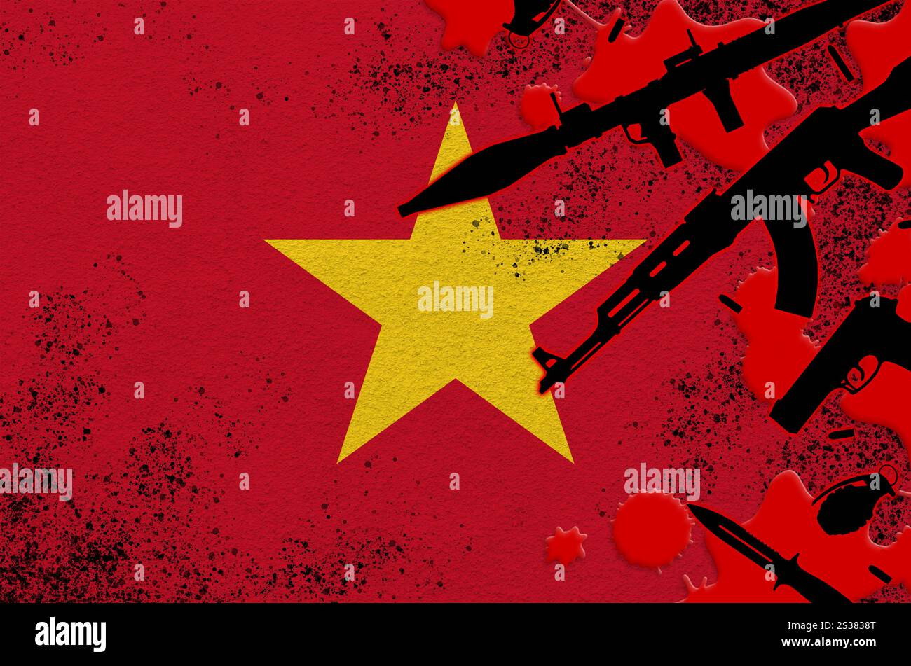 Vietnam flag and various weapons in red blood. Concept for terror ...