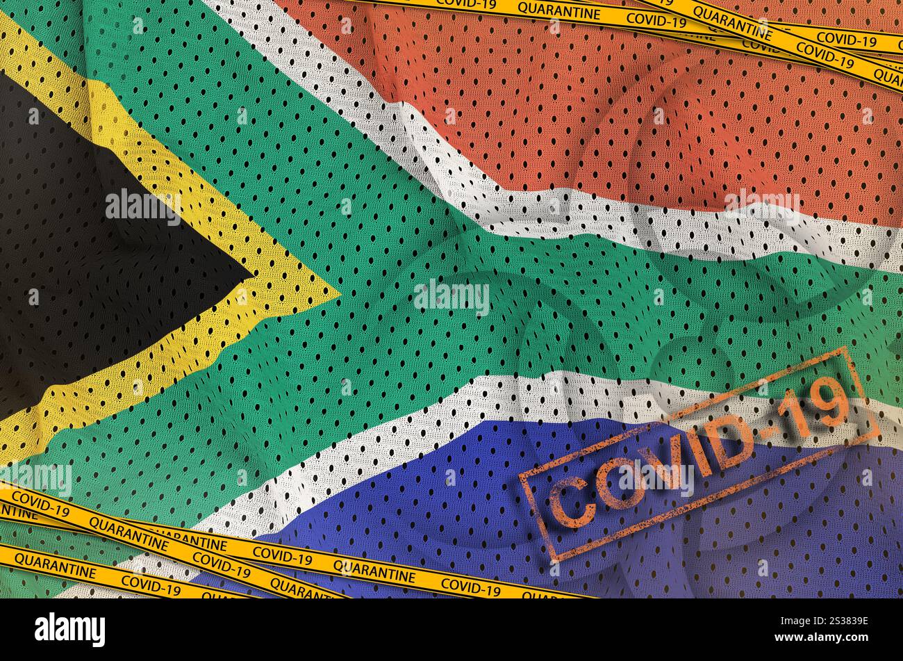 South Africa flag and Covid-19 biohazard symbol with quarantine orange ...