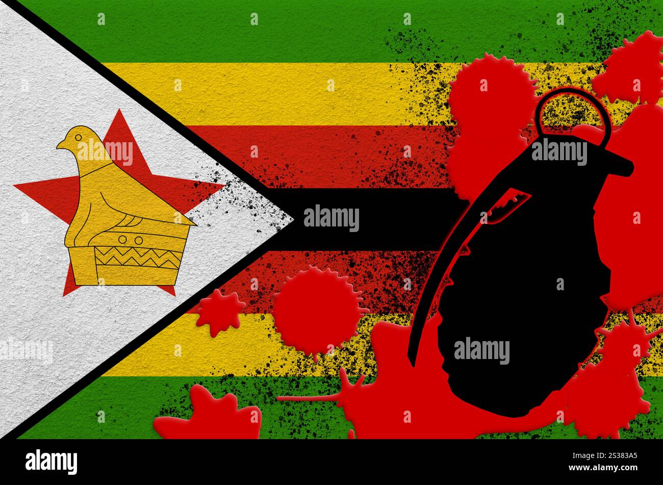 Zimbabwe flag and MK2 frag grenade in red blood. Concept for terror ...