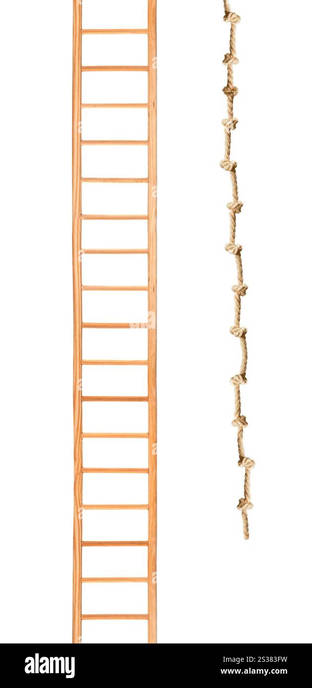 Wooden ladder with rope isolated on white background. Wooden ladder ...