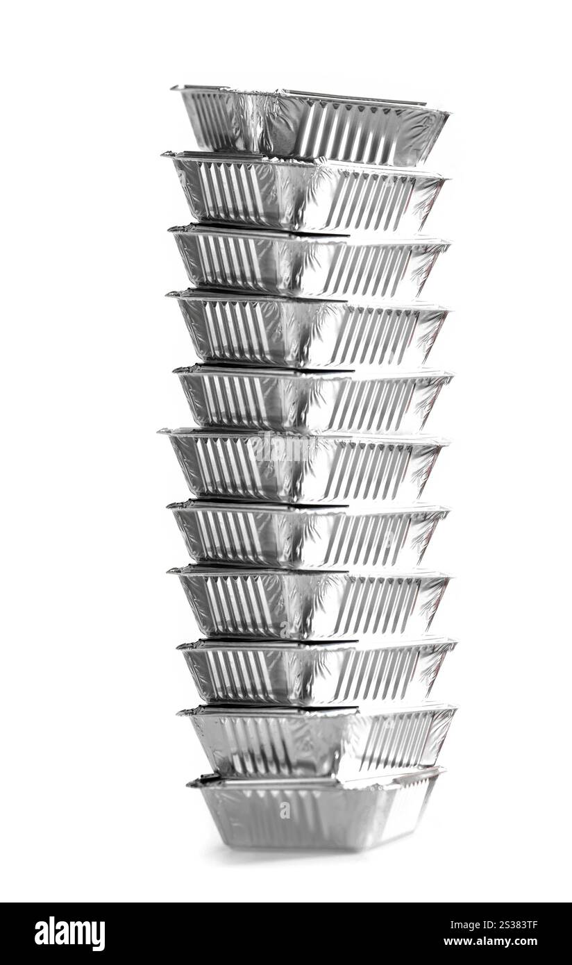 Stack Of Foil Take Away Containers isolated on white background. Stack ...
