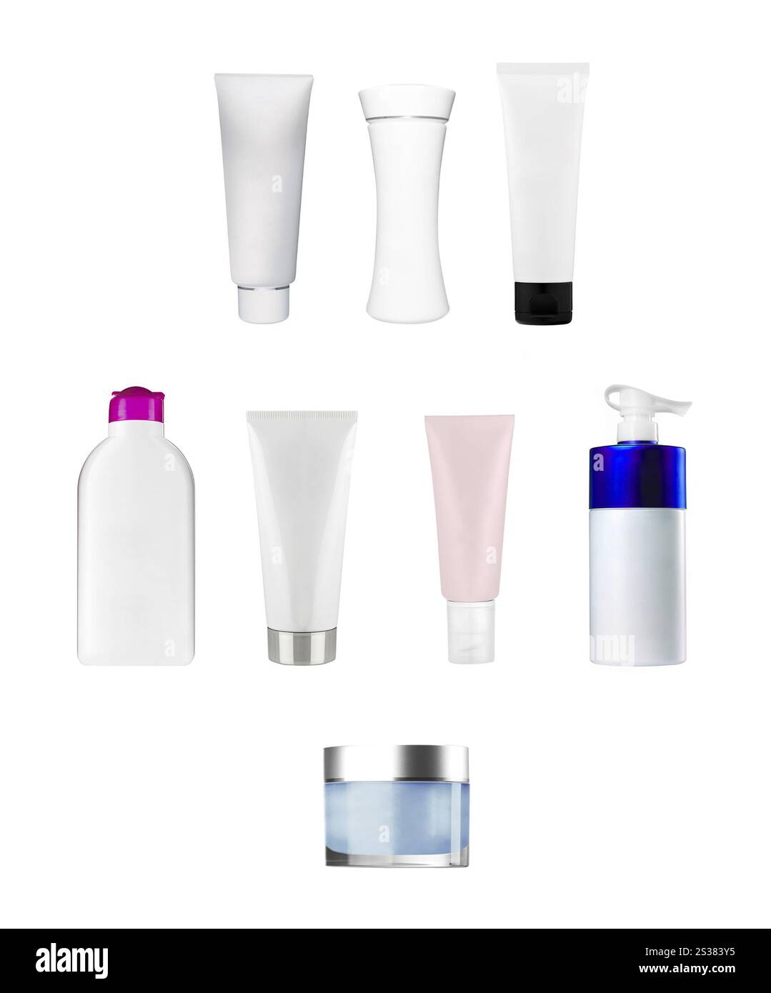 composition of bottles and tubes isolated on white background ...