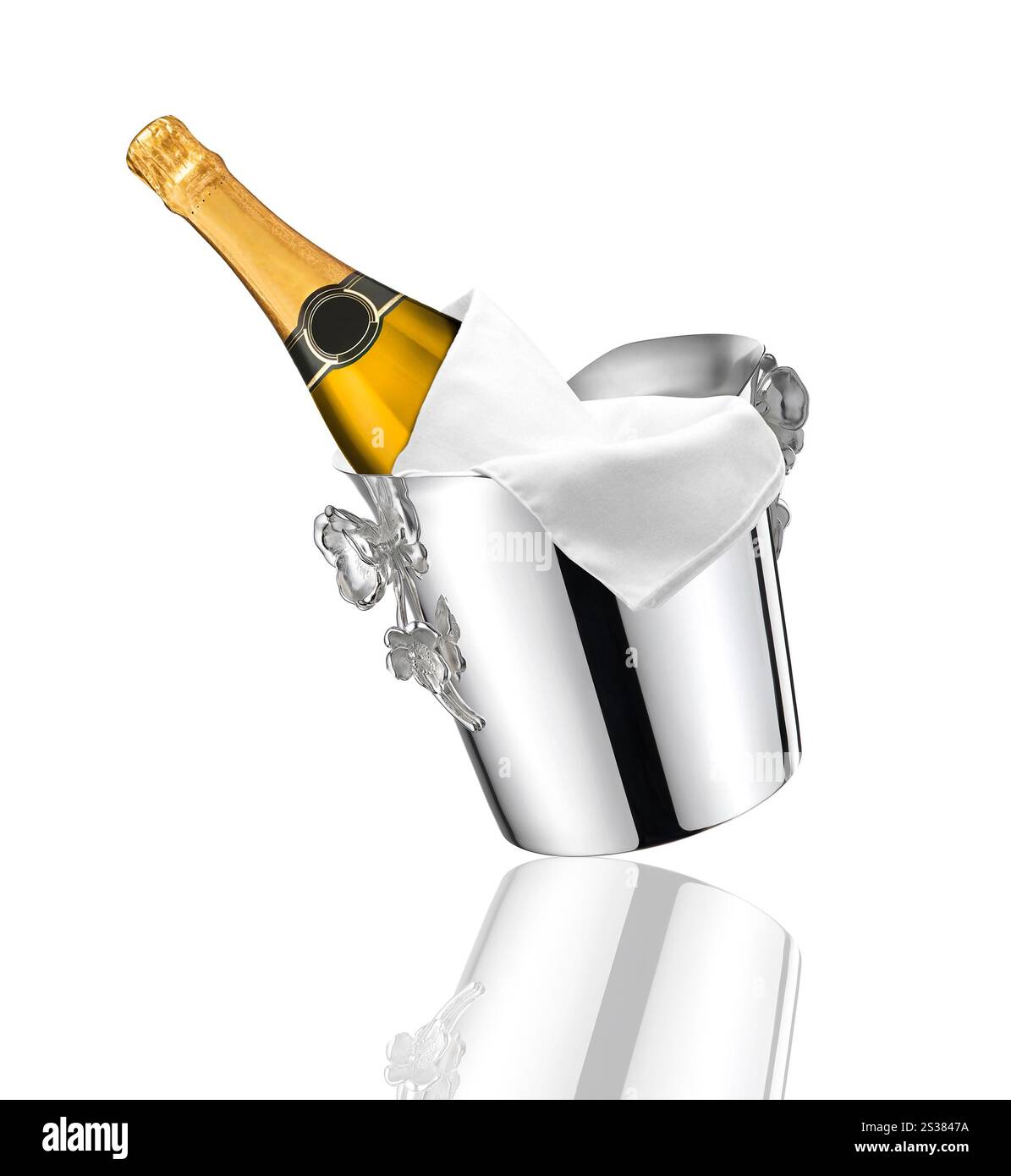 Champagne bottle in a bucket with ice isolated. Champagne bottle in a ...