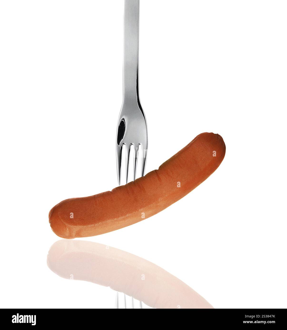 close up of sausage and fork isolated on white background. close up of ...