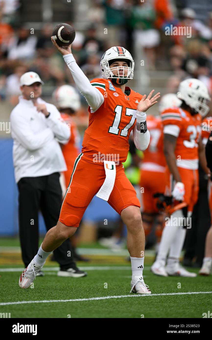 Miami quarterback Emory Williams (17) warms up before the Pop Tarts ...