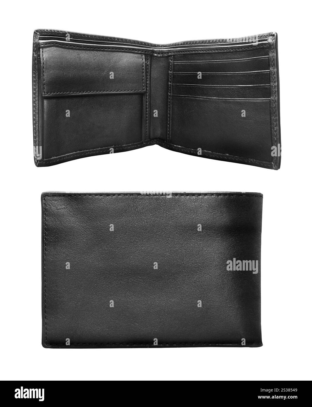 Open and closed black wallets. On a white background Stock Photo - Alamy