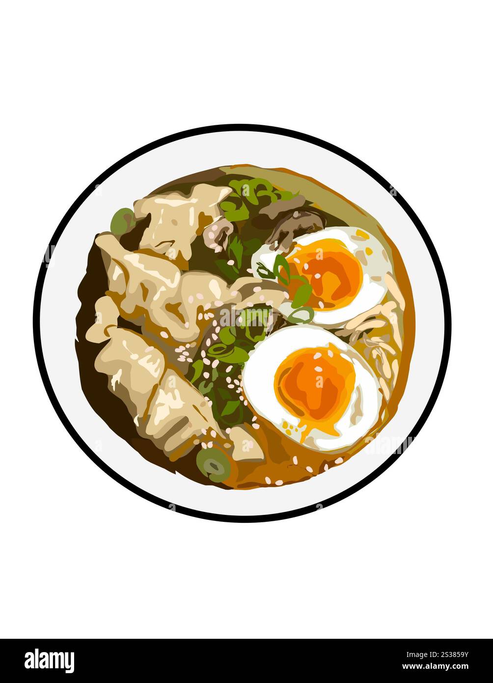 Hand drawn illustration of Wonton noodles. The dish usually consists of ...