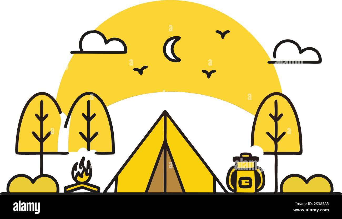 Nature camping line art icon set featuring tents, campfires, trees, and ...
