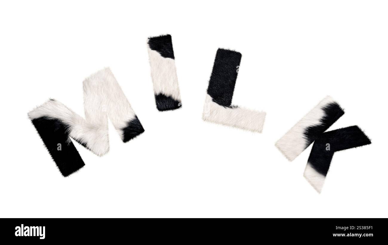 Milk word from cow fur . Isolated on white background. With clipping ...