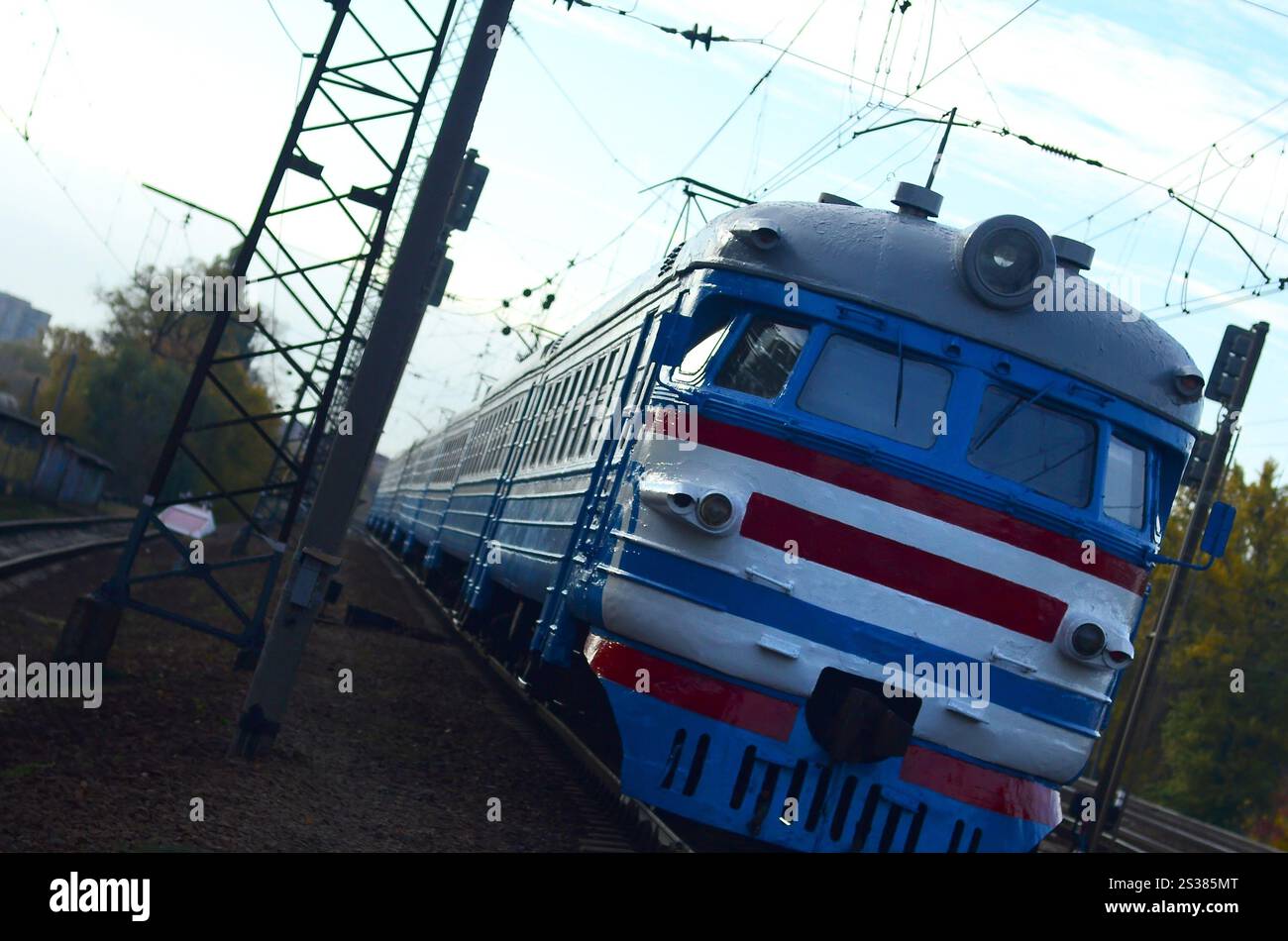 Suburban electric train. Old soviet electric train with outdated design ...