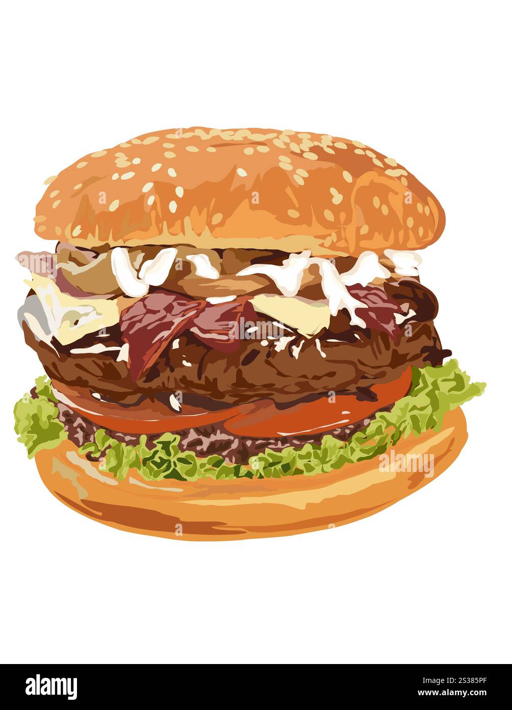 Hand drawn illustration of burger, double beef or chicken patty, melted ...