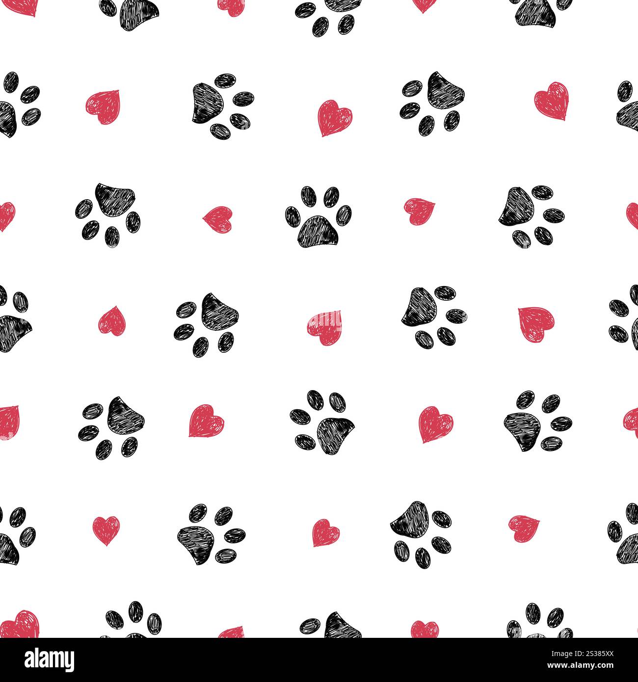 Hand drawn red hearts and paw prints. Seamless fabric design pattern ...