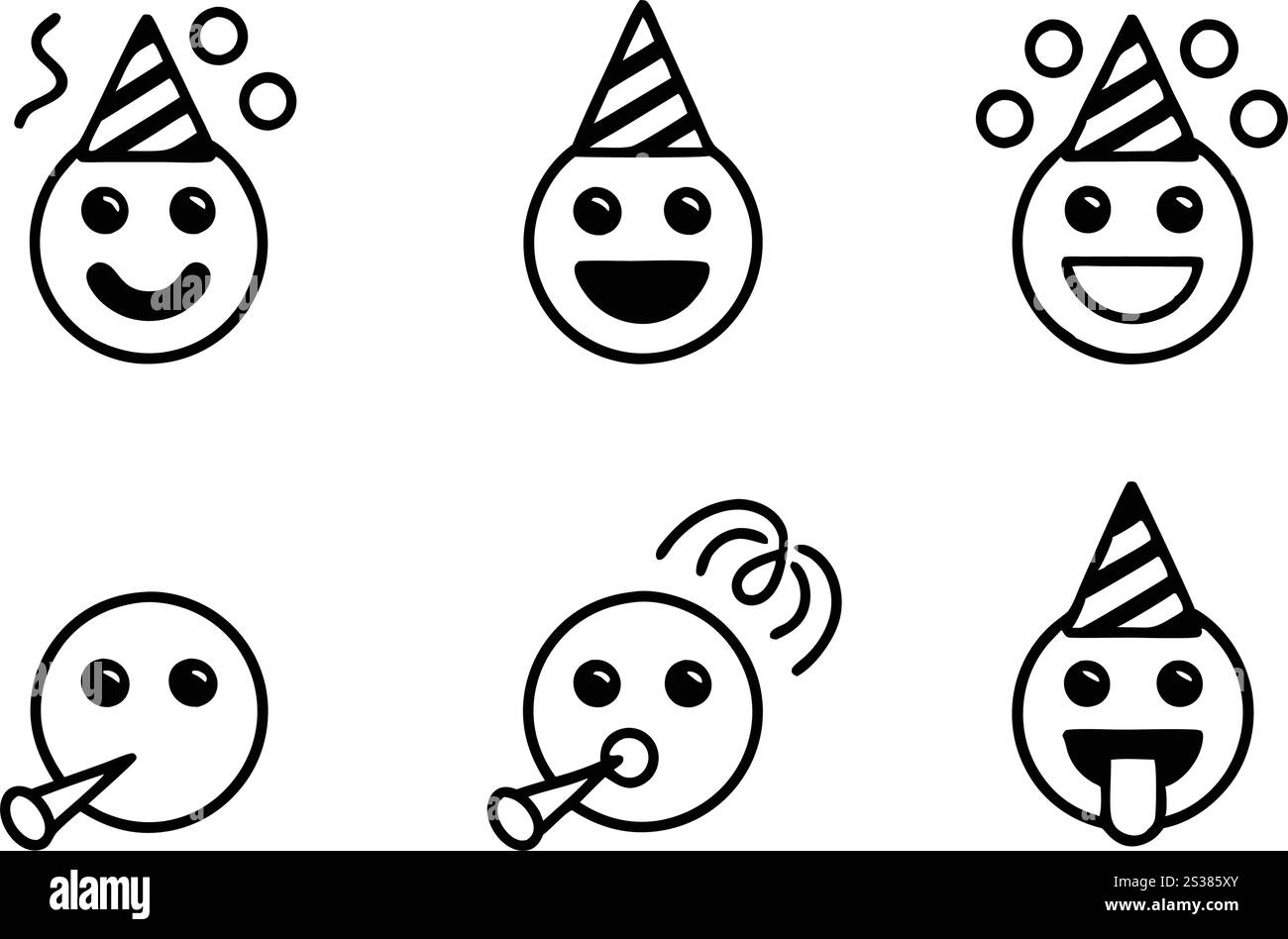 Party emoji line art icon set with cheerful emoticons wearing hats and ...