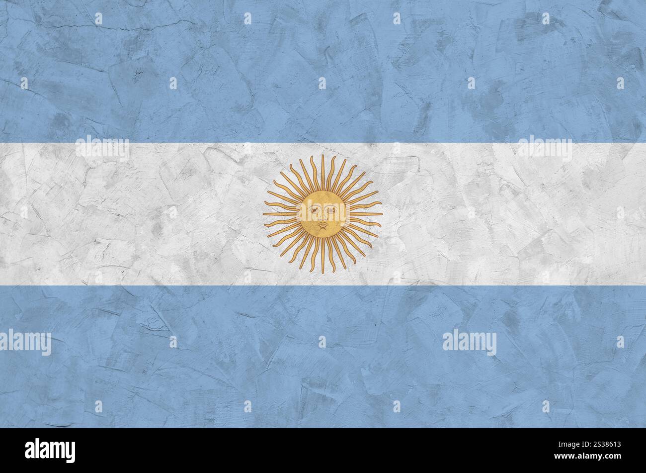 Argentina flag depicted in bright paint colors on old relief plastering ...