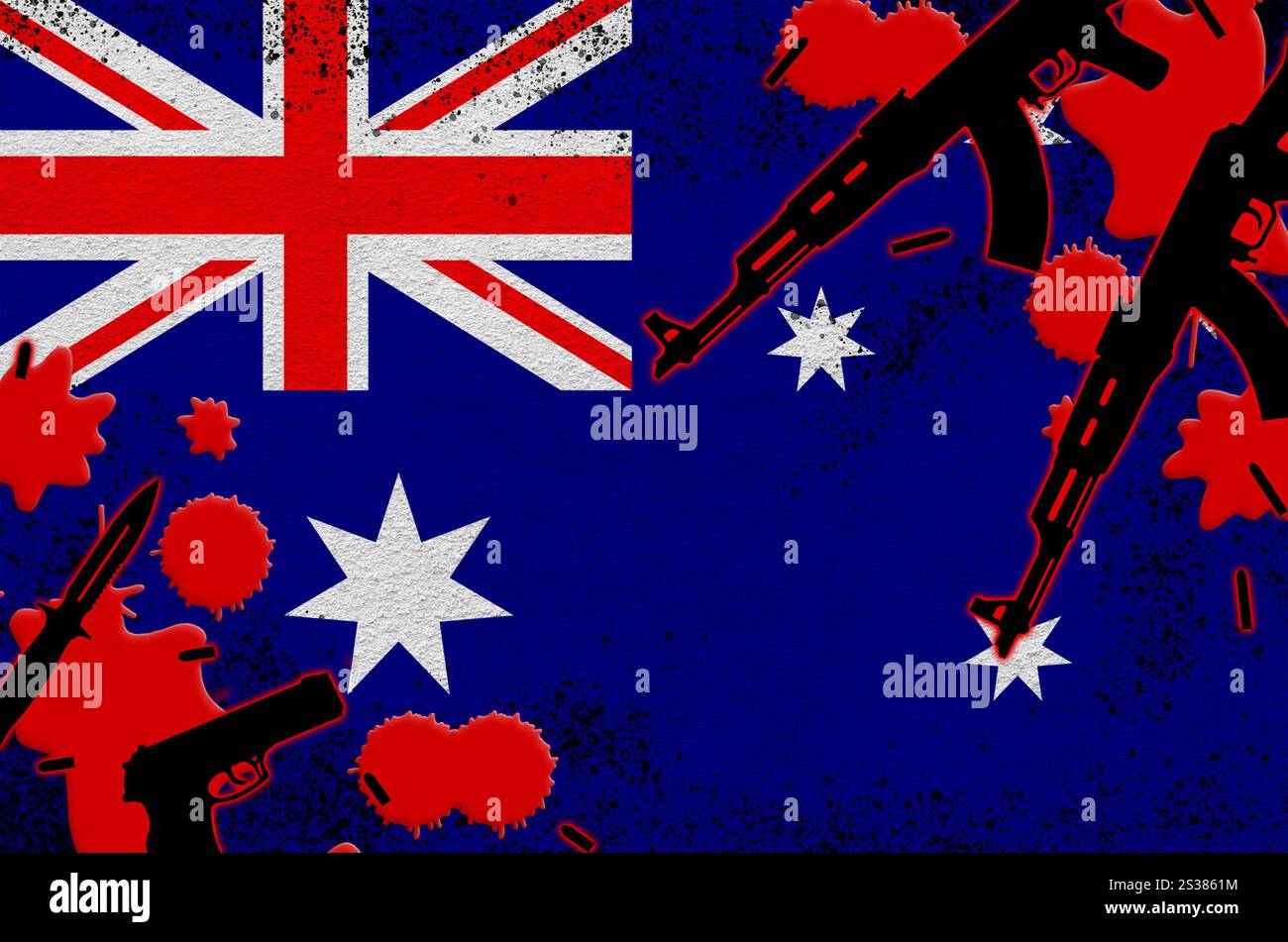 Australia flag and guns in red blood. Concept for terror attack and ...
