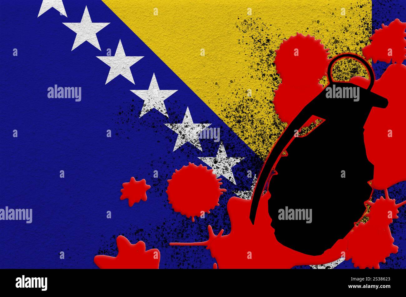 Bosnia and Herzegovina flag and MK2 frag grenade in red blood. Concept ...