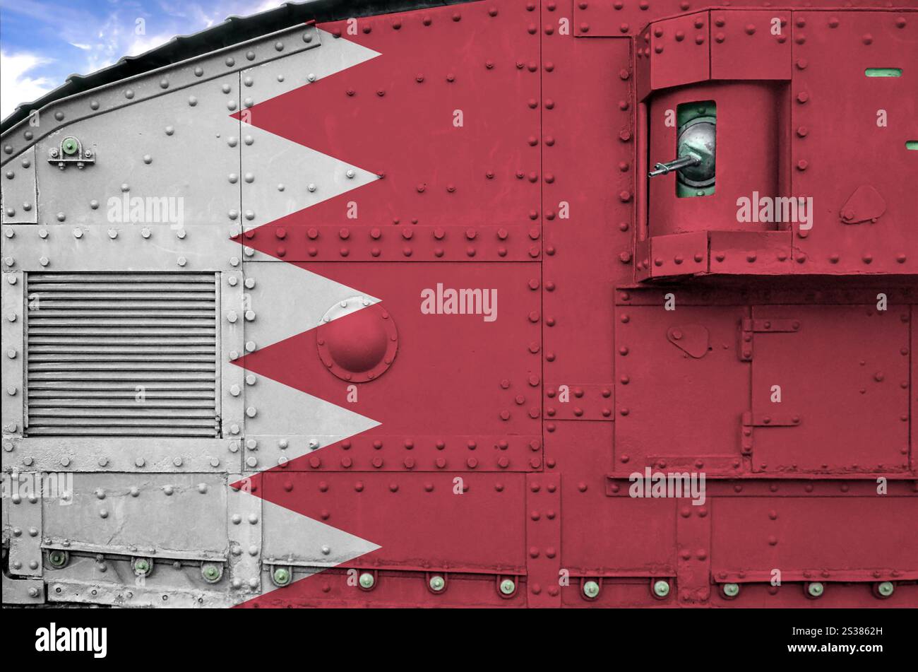 Bahrain flag depicted on side part of military armored tank close up ...