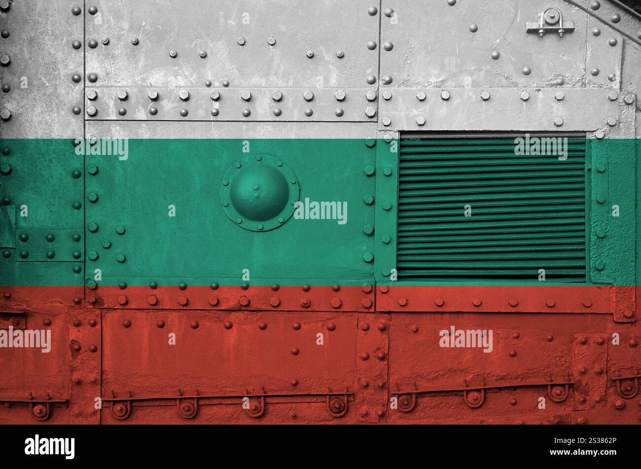 Bulgaria flag depicted on side part of military armored tank close up ...