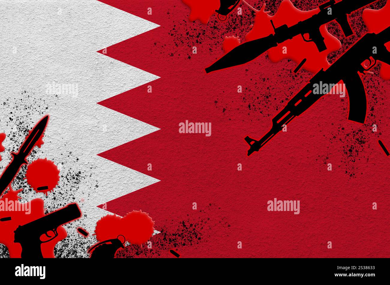 Bahrain flag and various weapons in red blood. Concept for terror ...