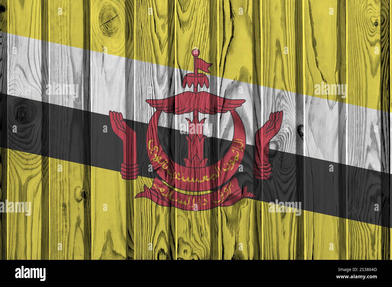 Brunei Darussalam flag depicted in bright paint colors on old wooden ...