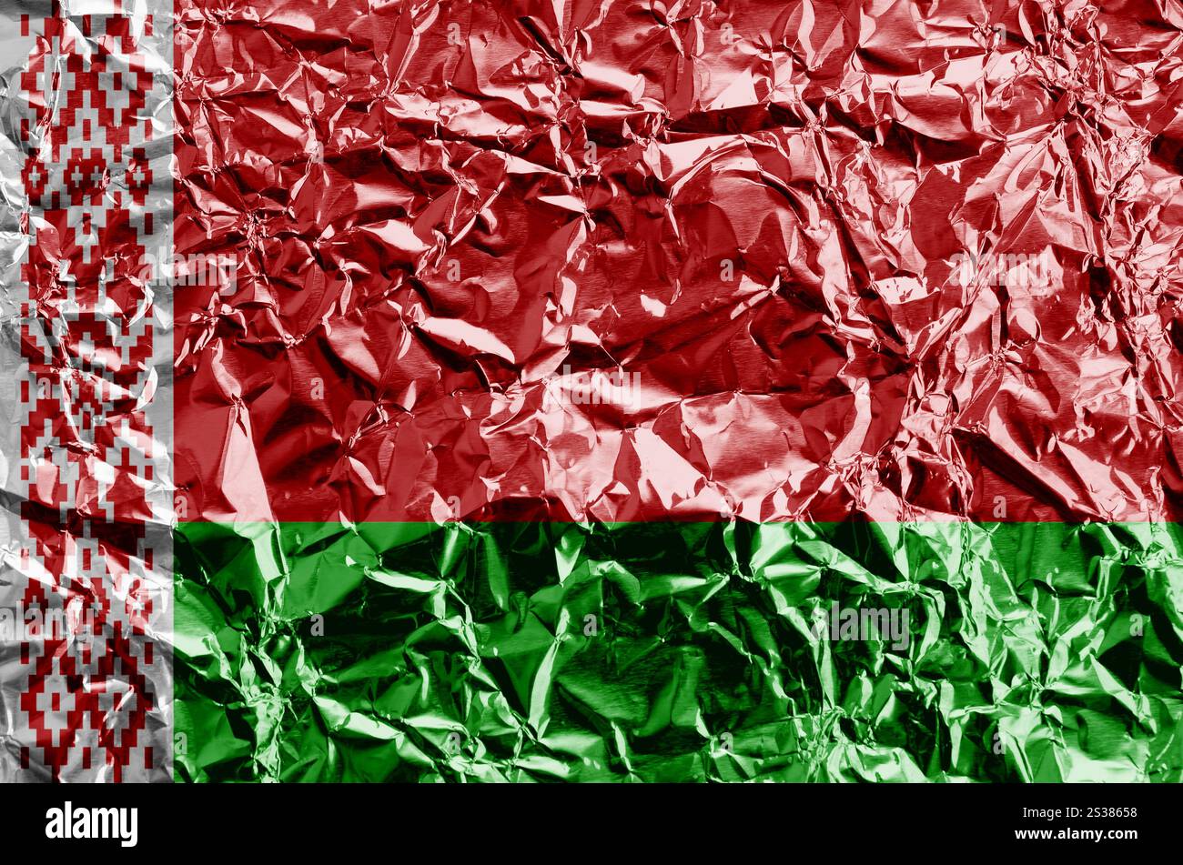 Belarus flag depicted in paint colors on shiny crumpled aluminium foil ...
