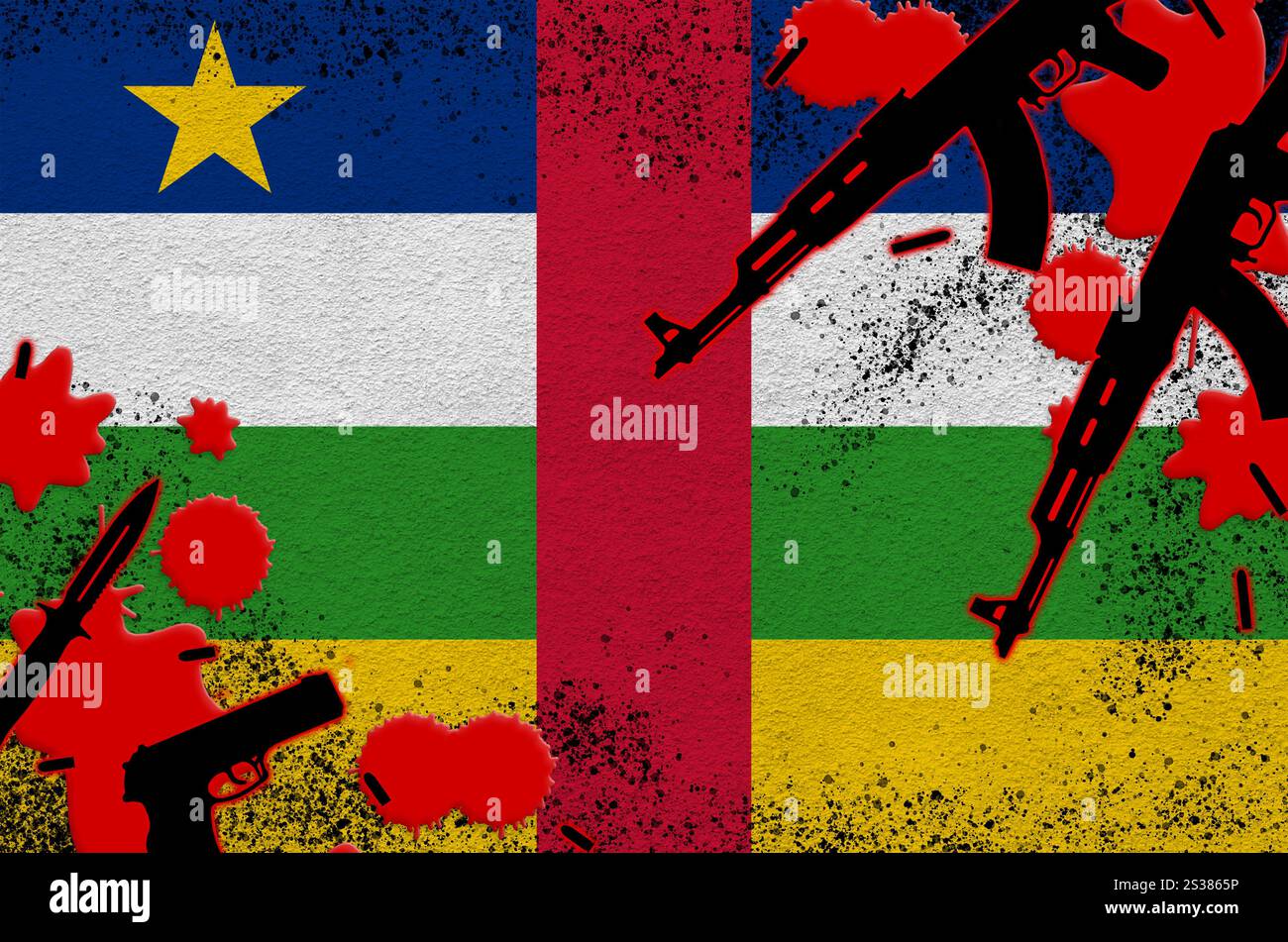 Central African Republic flag and guns in red blood. Concept for terror ...