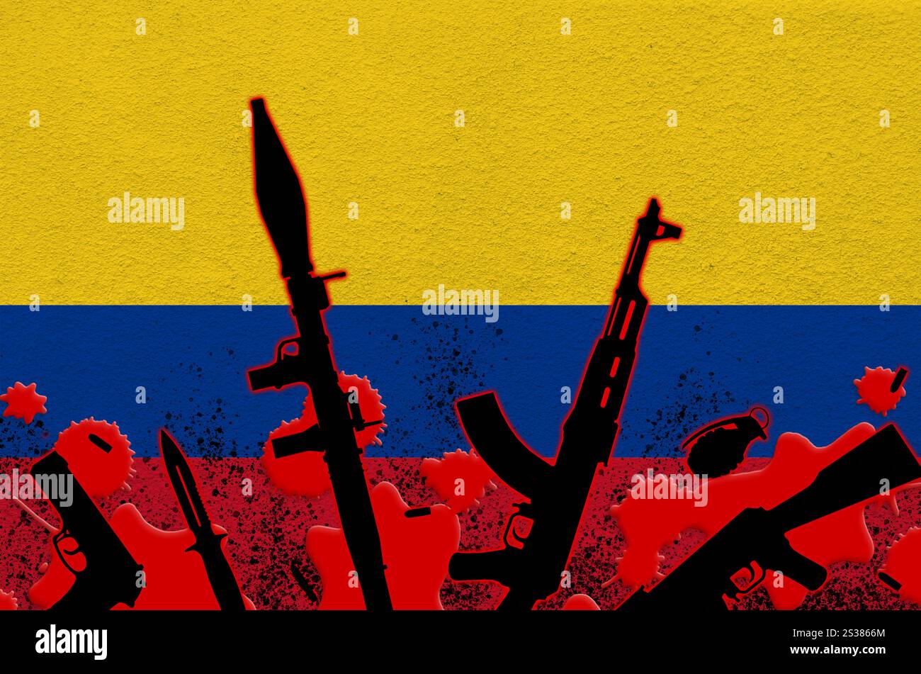 Colombia flag and various weapons in red blood. Concept for terror ...