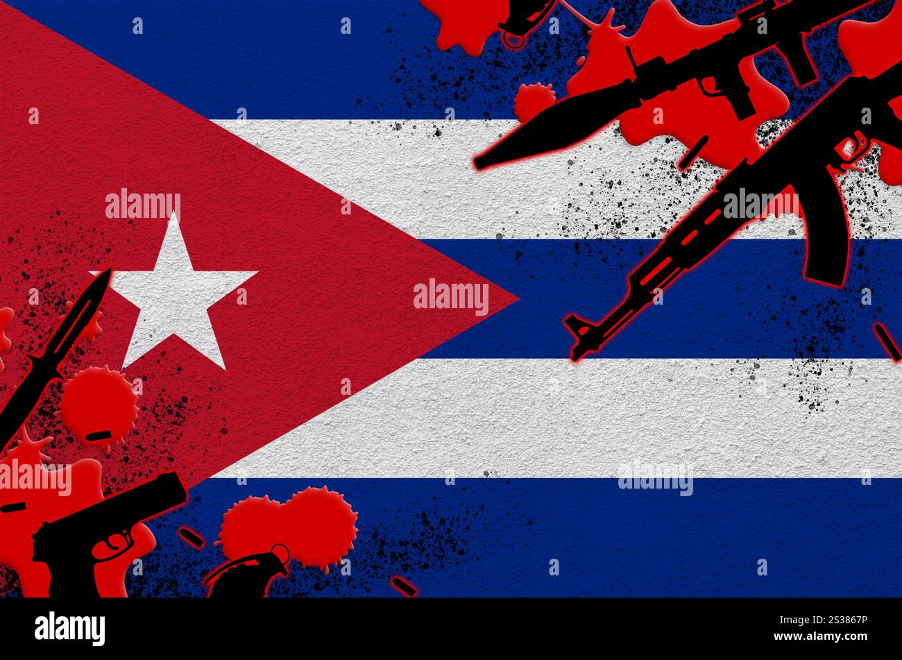 Cuba flag and various weapons in red blood. Concept for terror attack ...