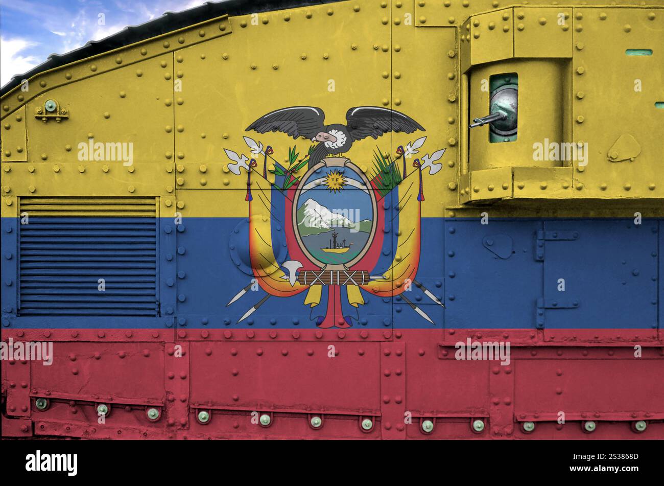 Ecuador flag depicted on side part of military armored tank close up ...