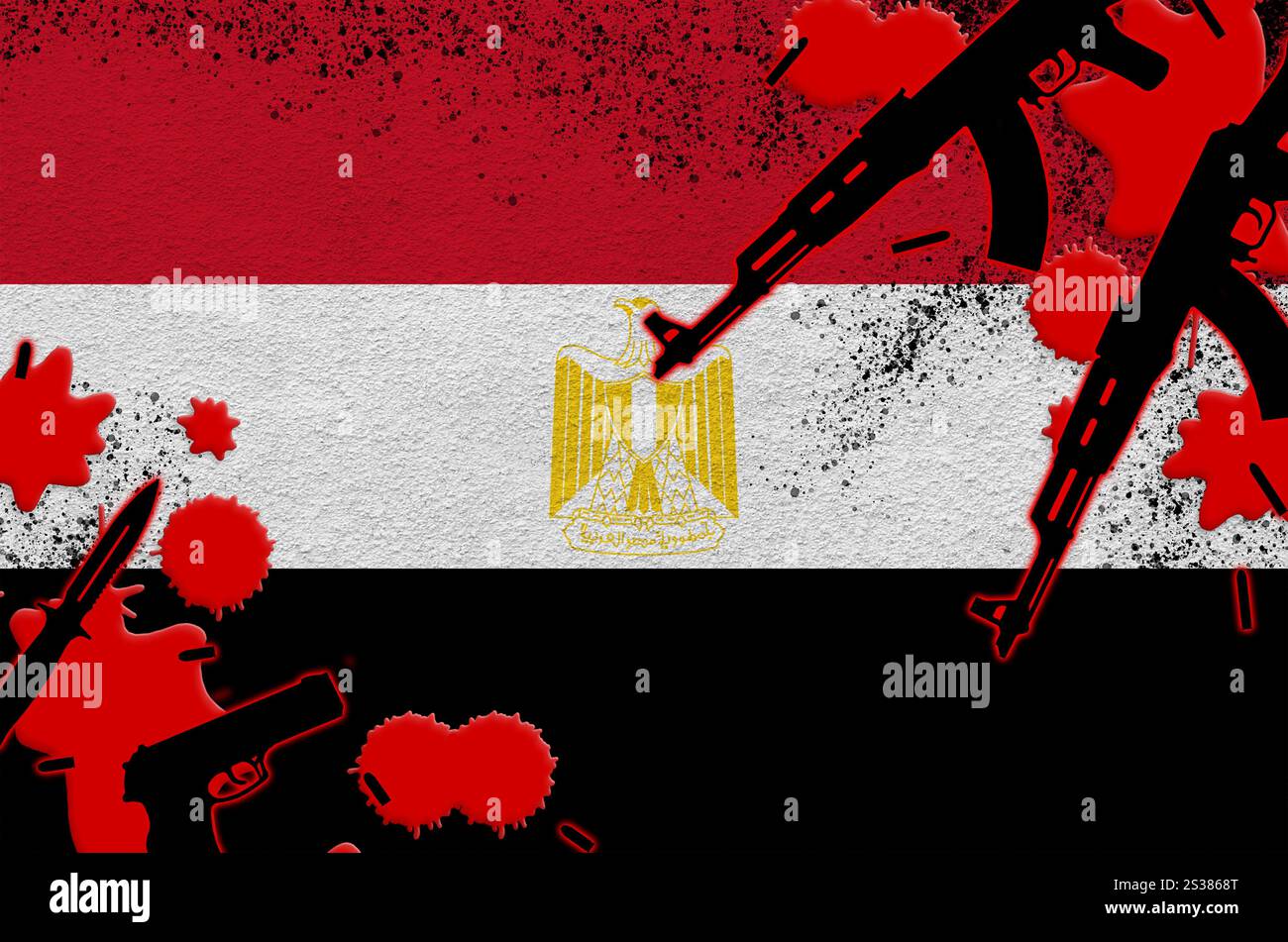 Egypt flag and guns in red blood. Concept for terror attack and ...