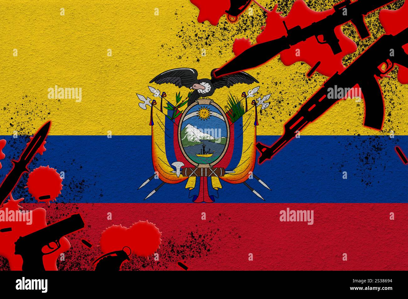 Ecuador flag and various weapons in red blood. Concept for terror ...