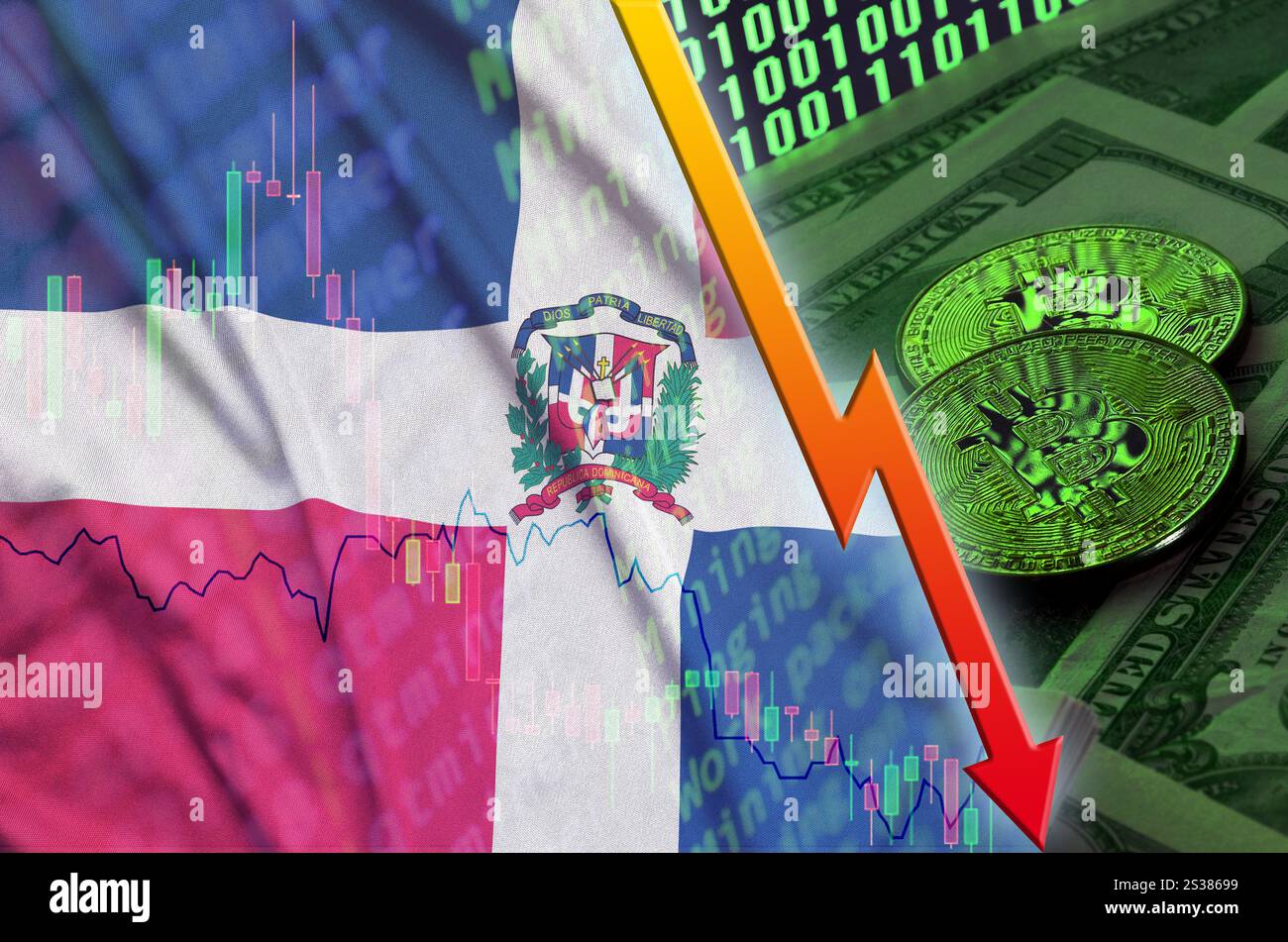 Dominican Republic flag and cryptocurrency falling trend with two ...