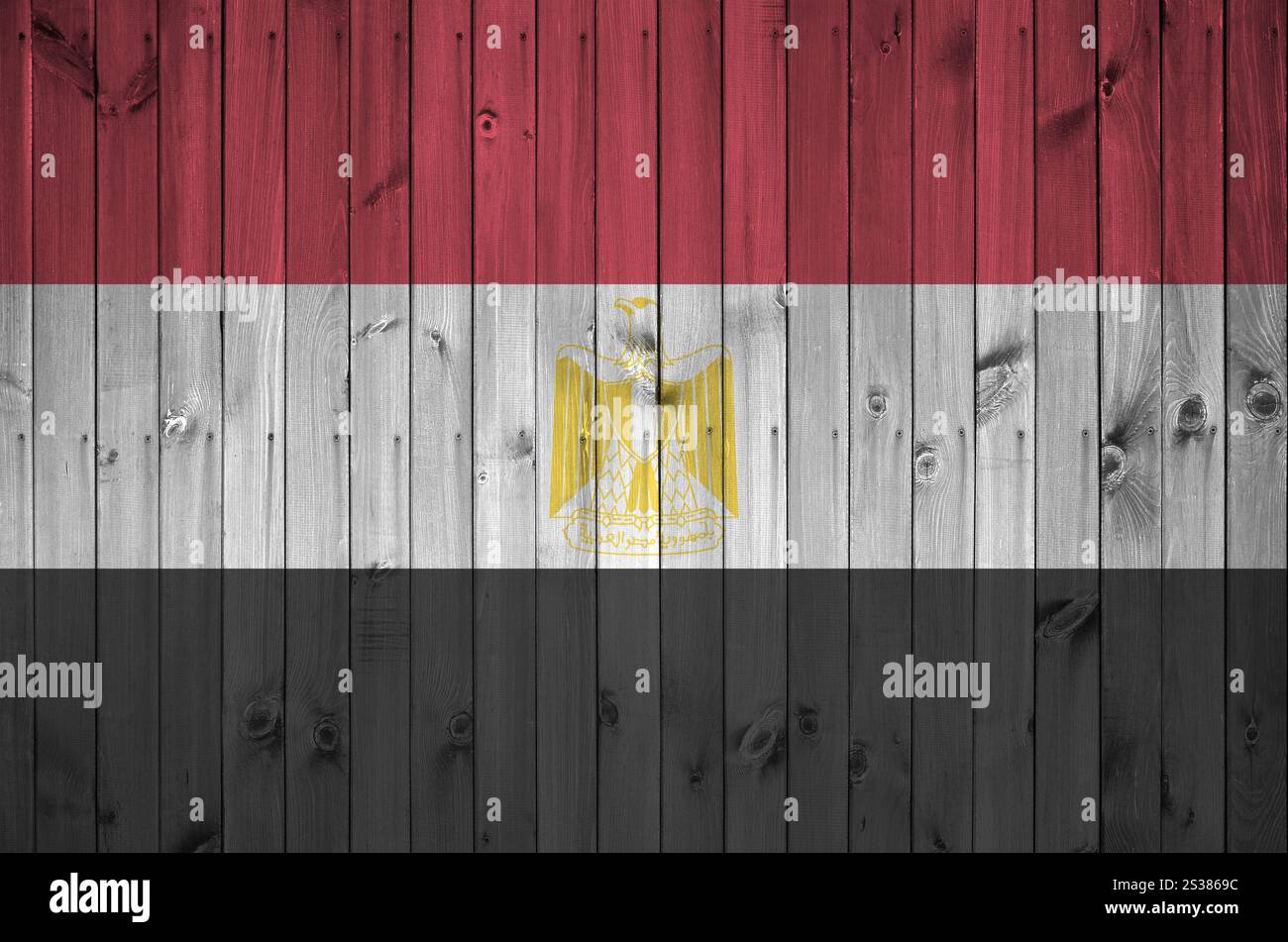 Egypt flag depicted in bright paint colors on old wooden wall close up ...