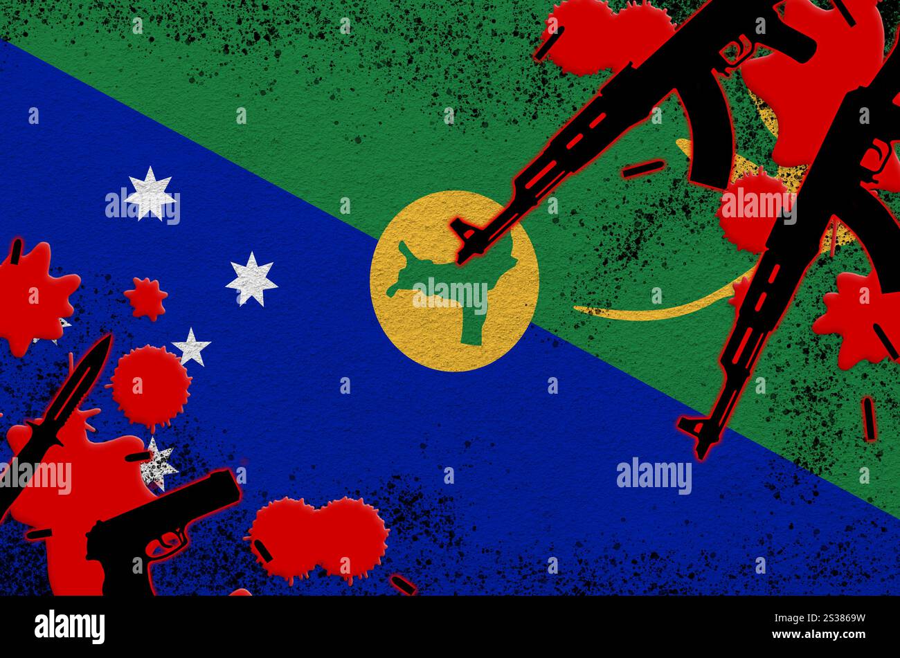 Christmas island flag and guns in red blood. Concept for terror attack ...