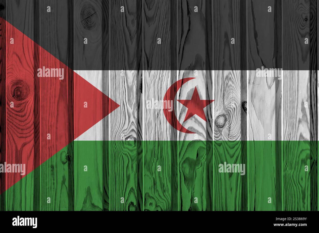 Western Sahara flag depicted in bright paint colors on old wooden wall ...