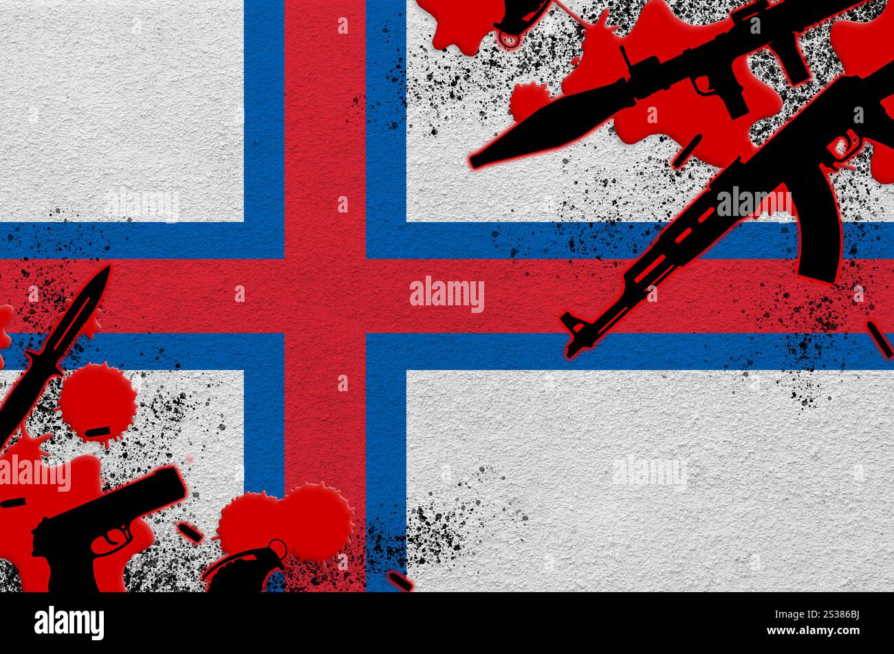 Faroe islands flag and various weapons in red blood. Concept for terror ...