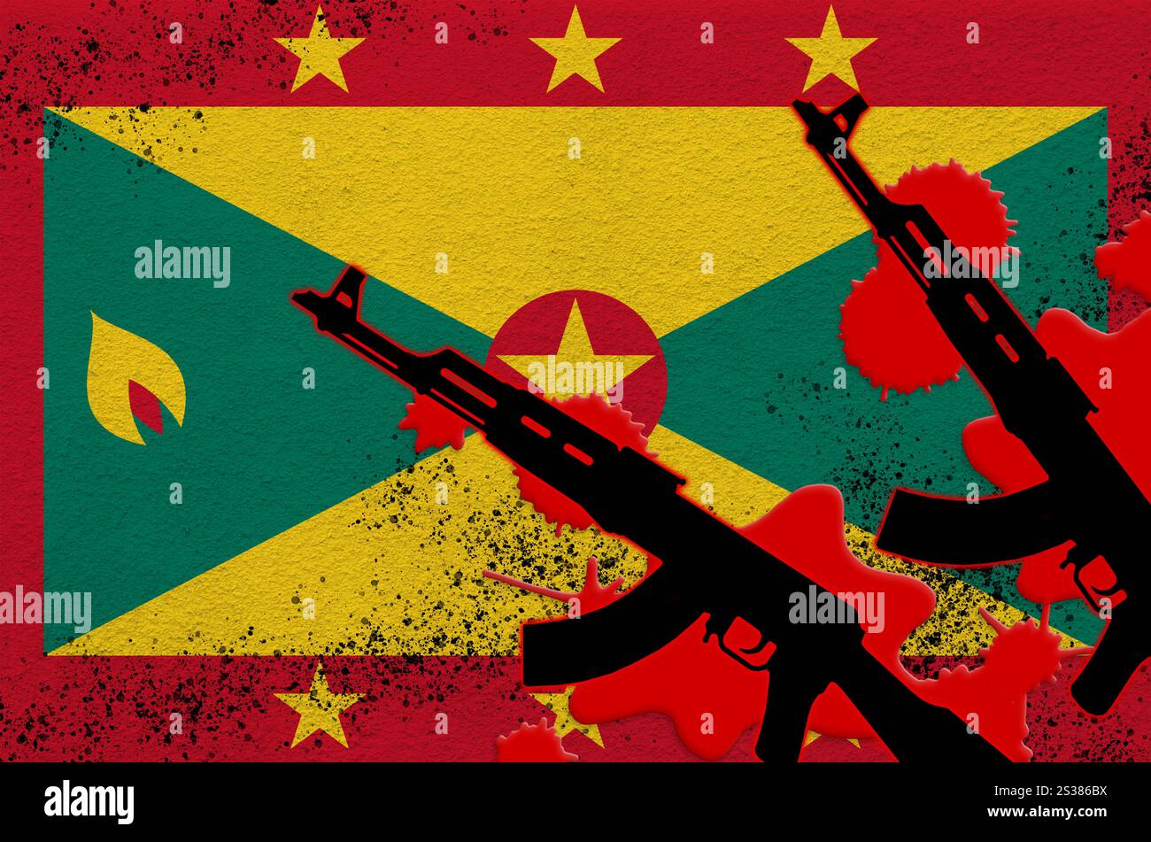 Grenada flag and two black AK-47 rifles in red blood. Concept for ...
