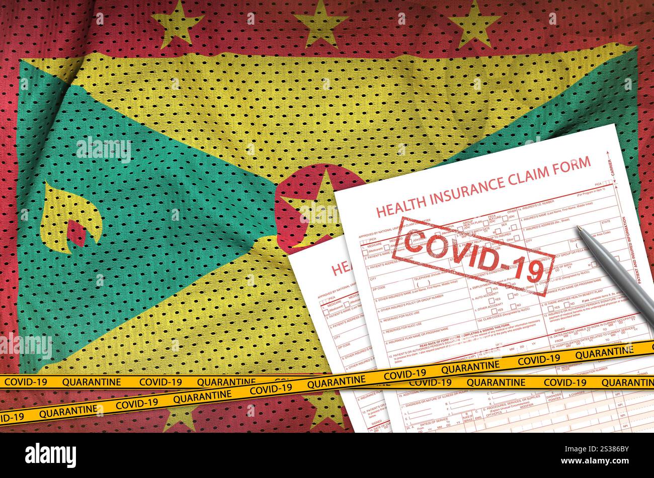 Grenada flag and Health insurance claim form with covid-19 stamp ...