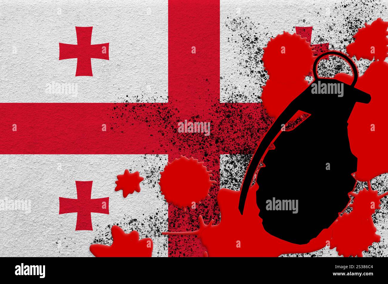 Georgia flag and MK2 frag grenade in red blood. Concept for terror ...