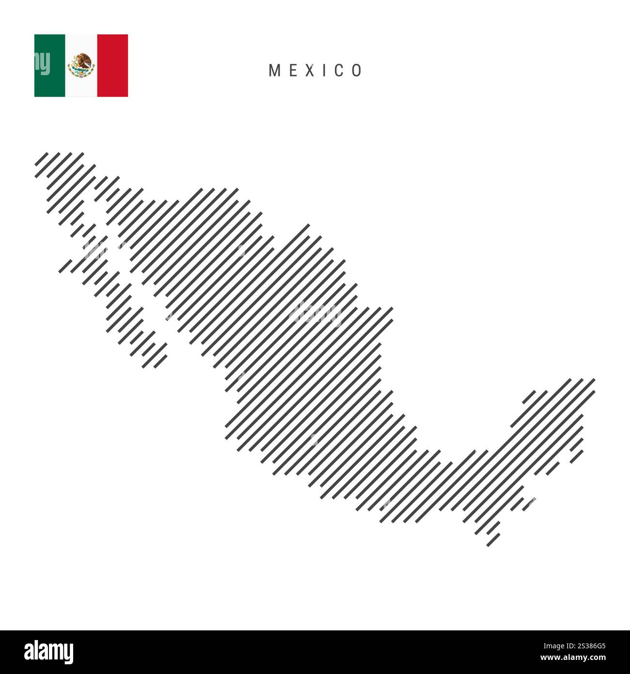 Mexico map from pattern of black slanted parallel lines. Flat vector illustration isolated on ...