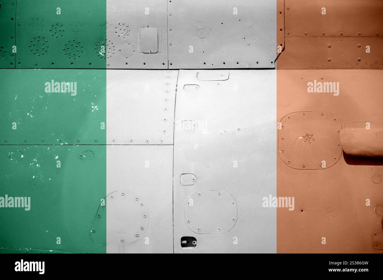 Ireland flag depicted on side part of military armored helicopter close ...