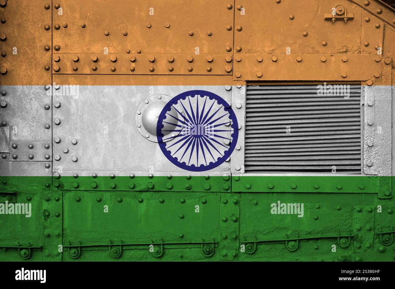 India flag depicted on side part of military armored tank close up ...