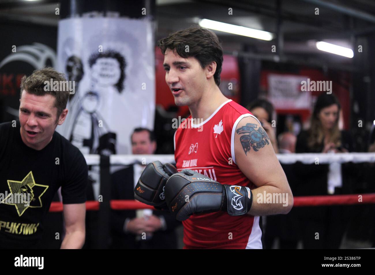 NEW YORK, NY - APRIL 21: Prime Minister of Canada Justin Trudeau boxing ...
