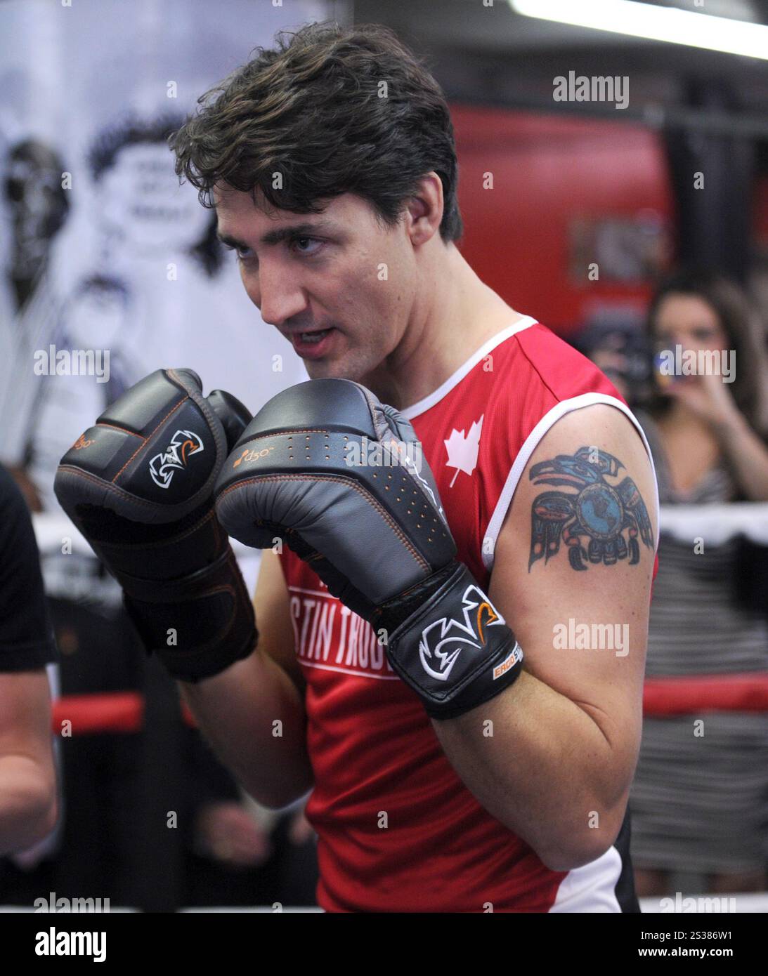 NEW YORK, NY - APRIL 21: Prime Minister of Canada Justin Trudeau boxing ...
