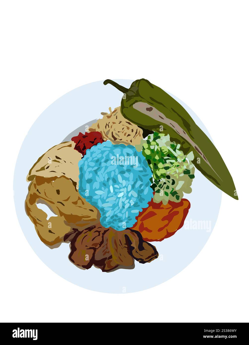 Hand drawn illustration of Malaysian cuisine rice dish, blue-colored ...