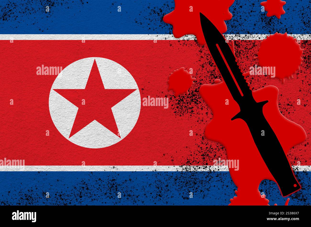 North Korea flag and black tactical knife in red blood. Concept for ...