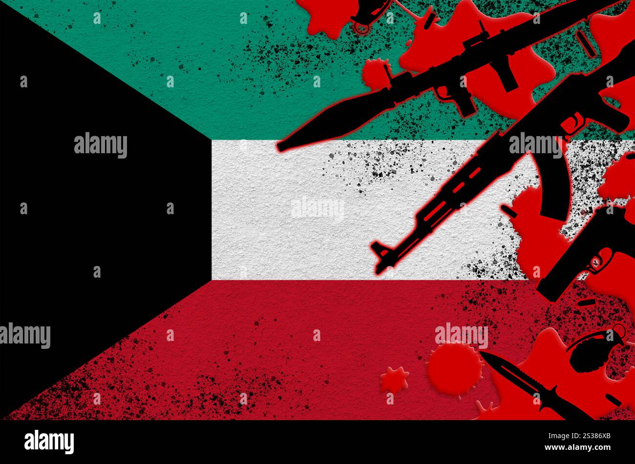 Kuwait flag and various weapons in red blood. Concept for terror attack ...